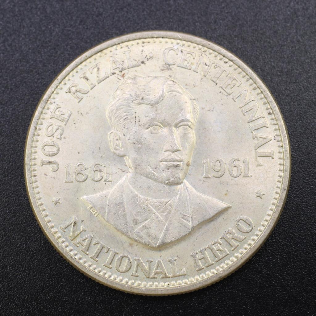 1961 Philippines Jose Rizal Centennial National Hero Silver One Peso ...