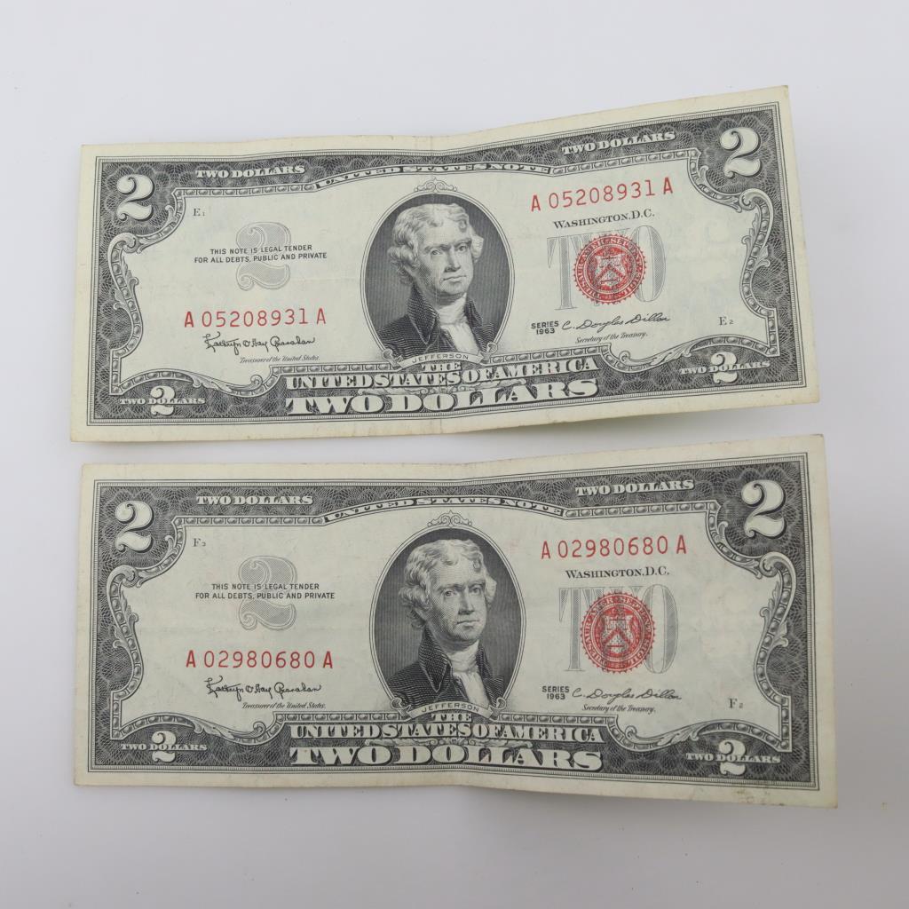 1963 Two Dollars US Note Red Seal, 2 Pieces | Property Room