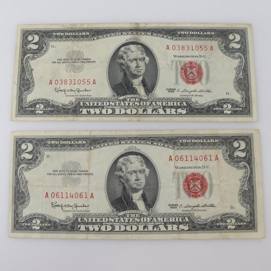 1963 Two Dollars US Note Red Seal, 2 Pieces | Property Room