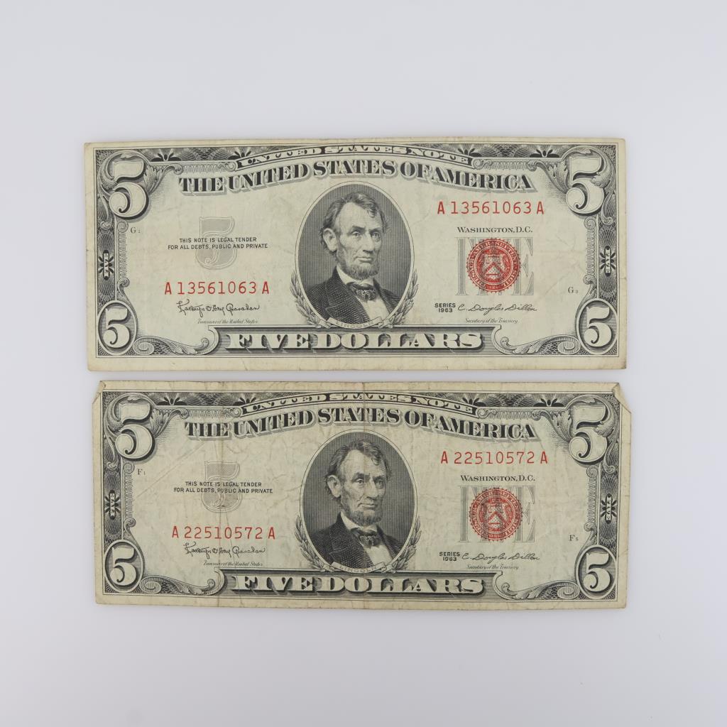 1963 US Note Five Dollars Red Seal, 2 Pieces | Property Room