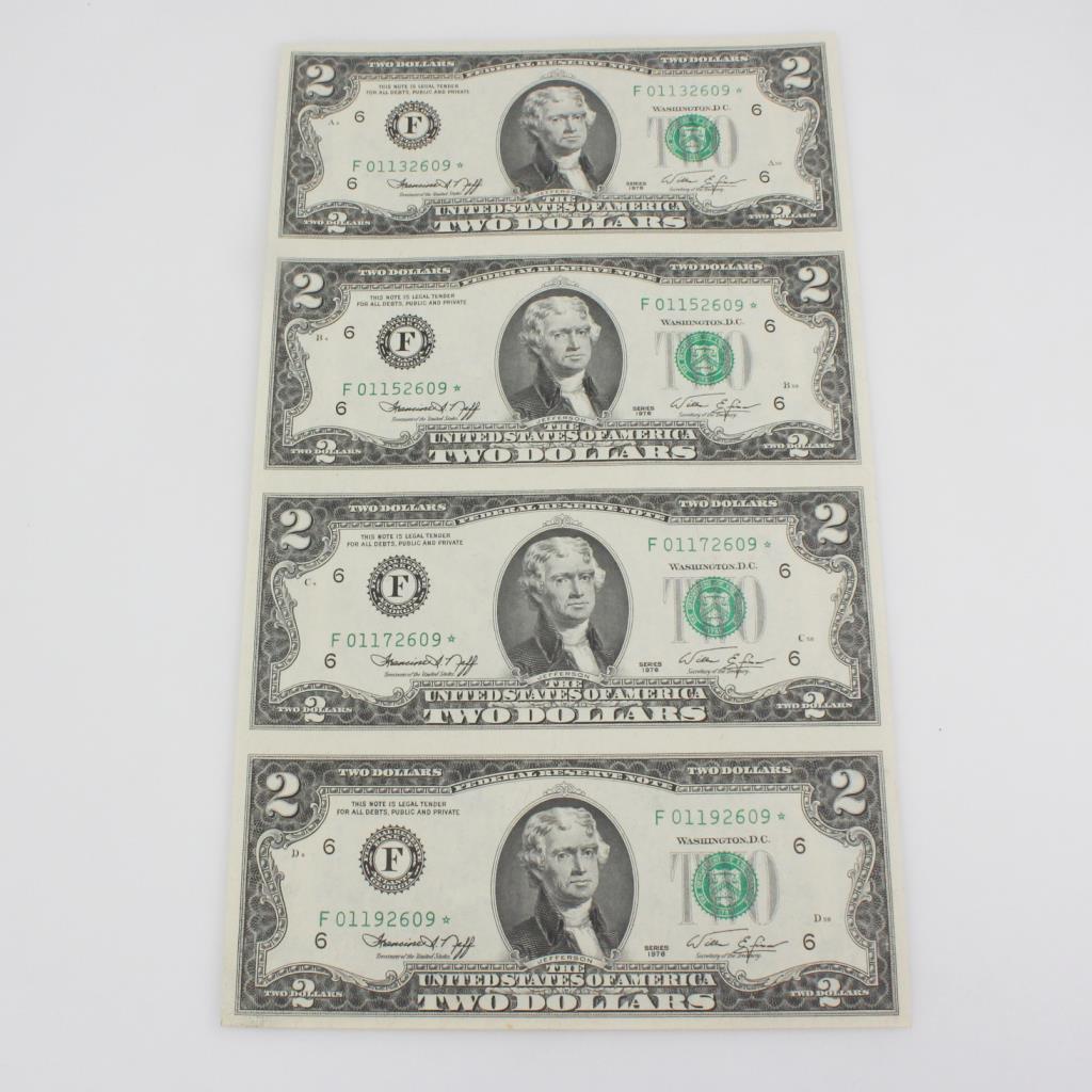 1976 US $2 Star Bill Notes, Uncut Sheet Of Federal Reserve Notes ...