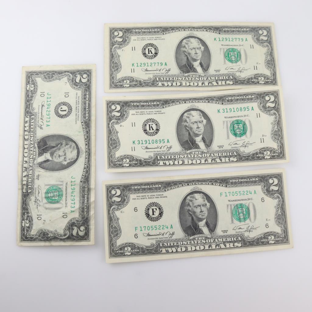 1976 US Federal Reserve Note $2 Dollar Bill Green Seal, 4 Pieces ...