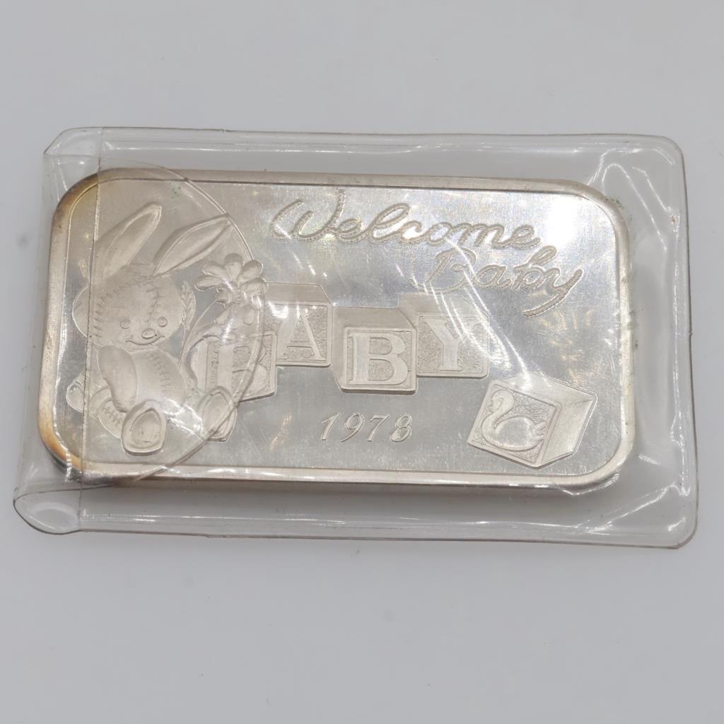 1978 Madison Mint Welcome Baby Fine Silver 1oz Bar | Property Room