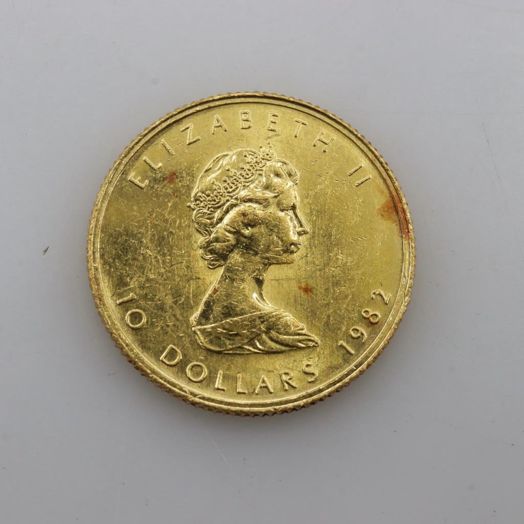 1982 Canadian Fine Gold Maple Leaf Ten Dollars 1/4oz | Property Room