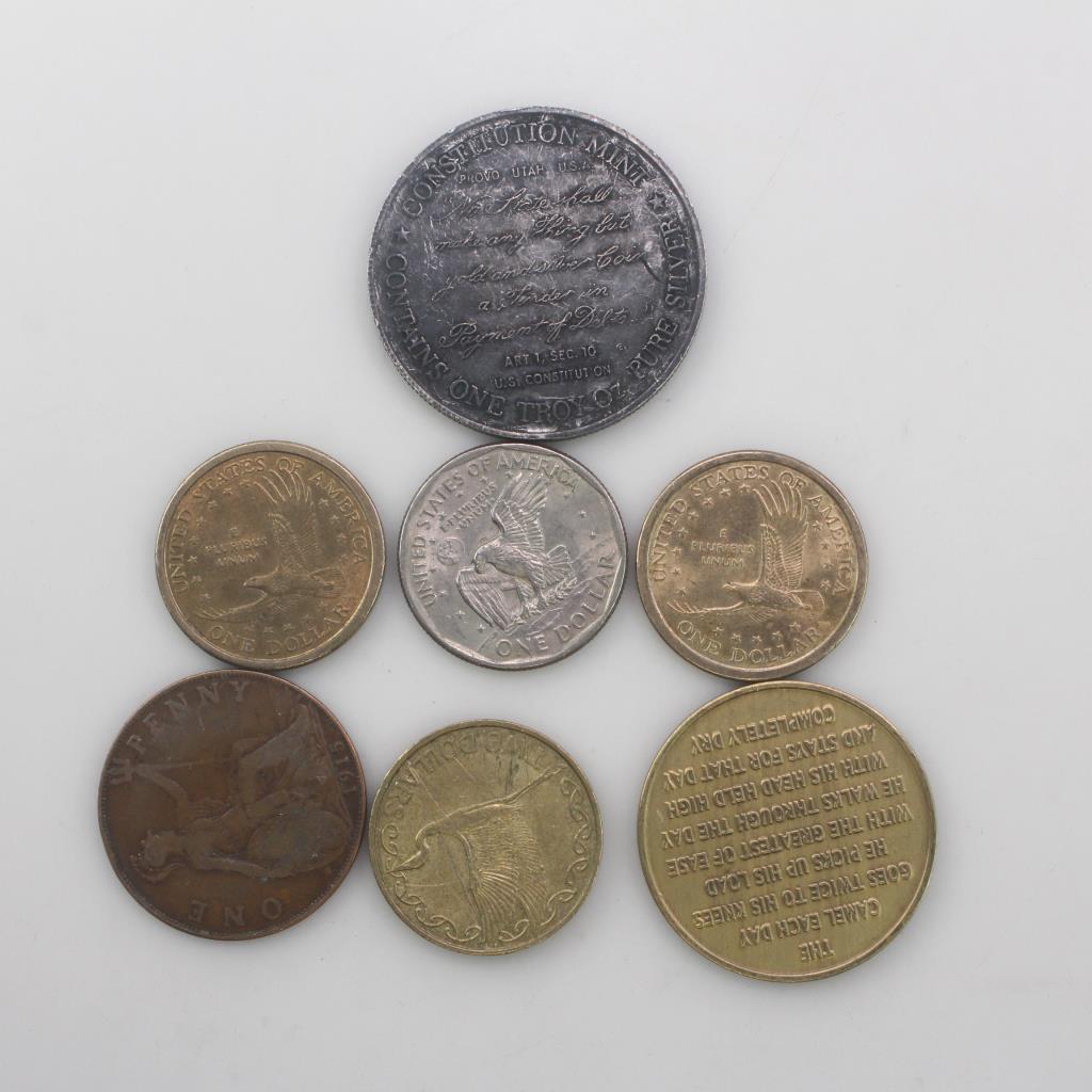 1984 Silver USS Constitution Round And 6 US/Foreign Coins/Tokens ...