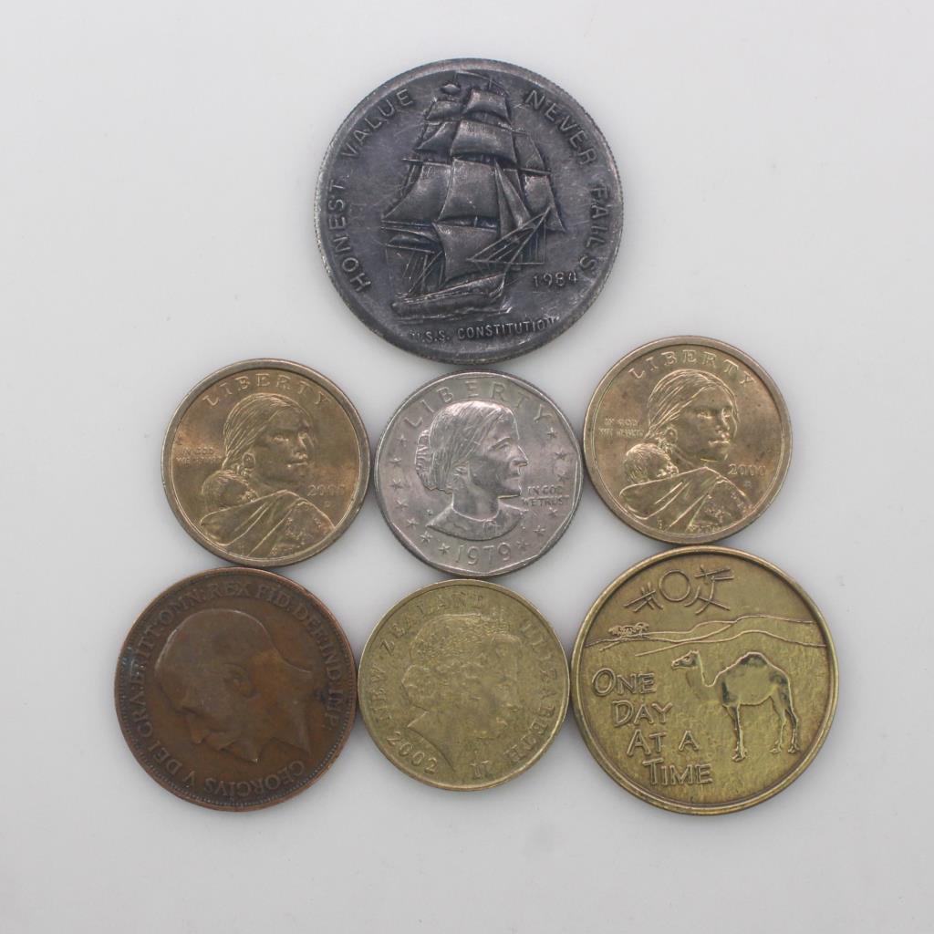 1984 Silver USS Constitution Round And 6 US/Foreign Coins/Tokens ...