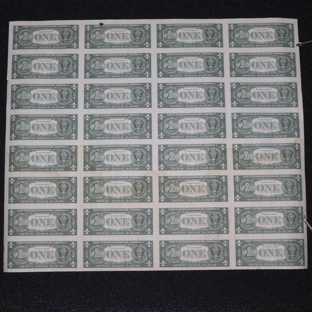 1995 Uncut Sheet of 32 US One Dollar Federal Reserve Note | Property Room