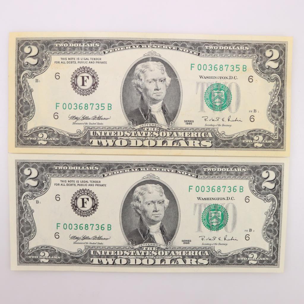 1995 US Federal Reserve Note Sequential Two Dollar Bill, 2 Pieces ...