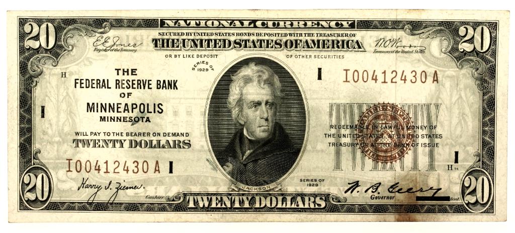 1929 The Federal Reserve Bank Of Minneapolis, Minnesota $20 National ...