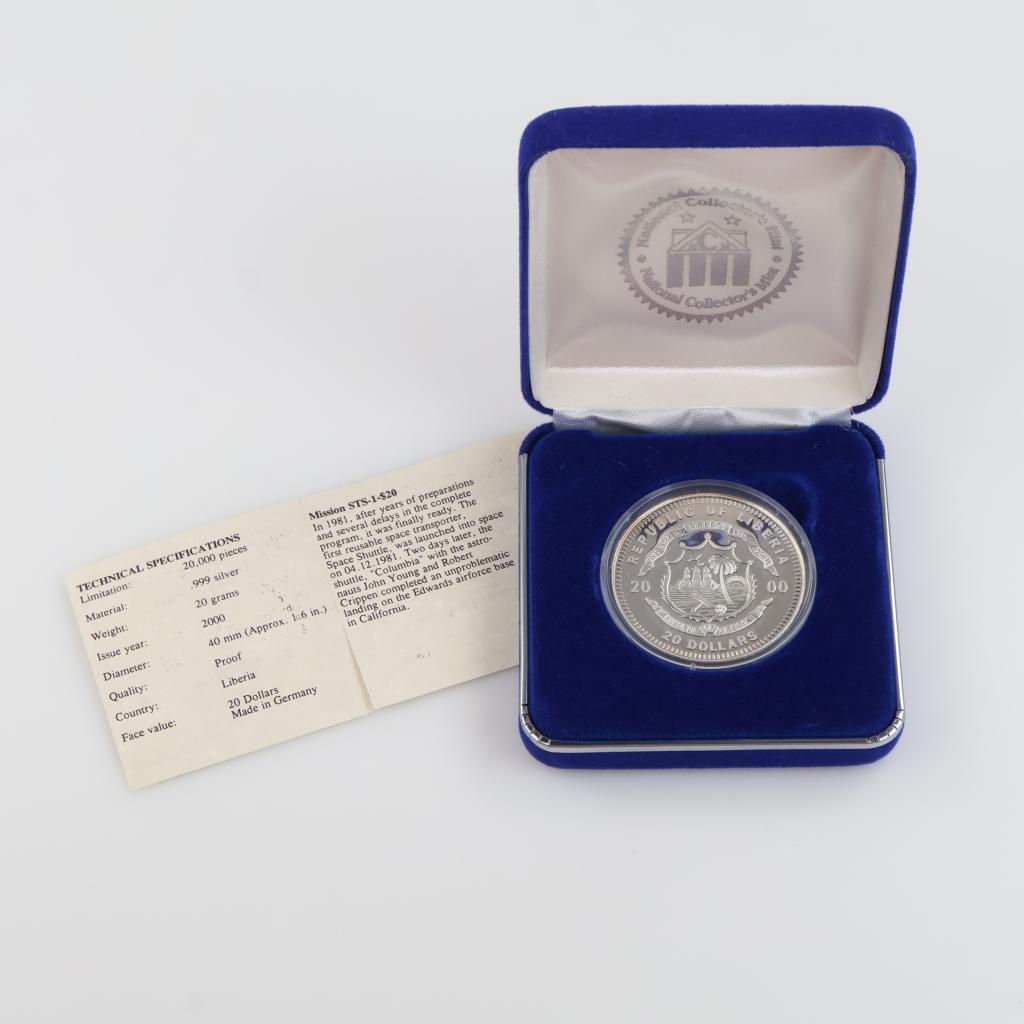 2000 Fine Silver Proof American Mint $20 Mission STS-1 20g Round W/COA ...