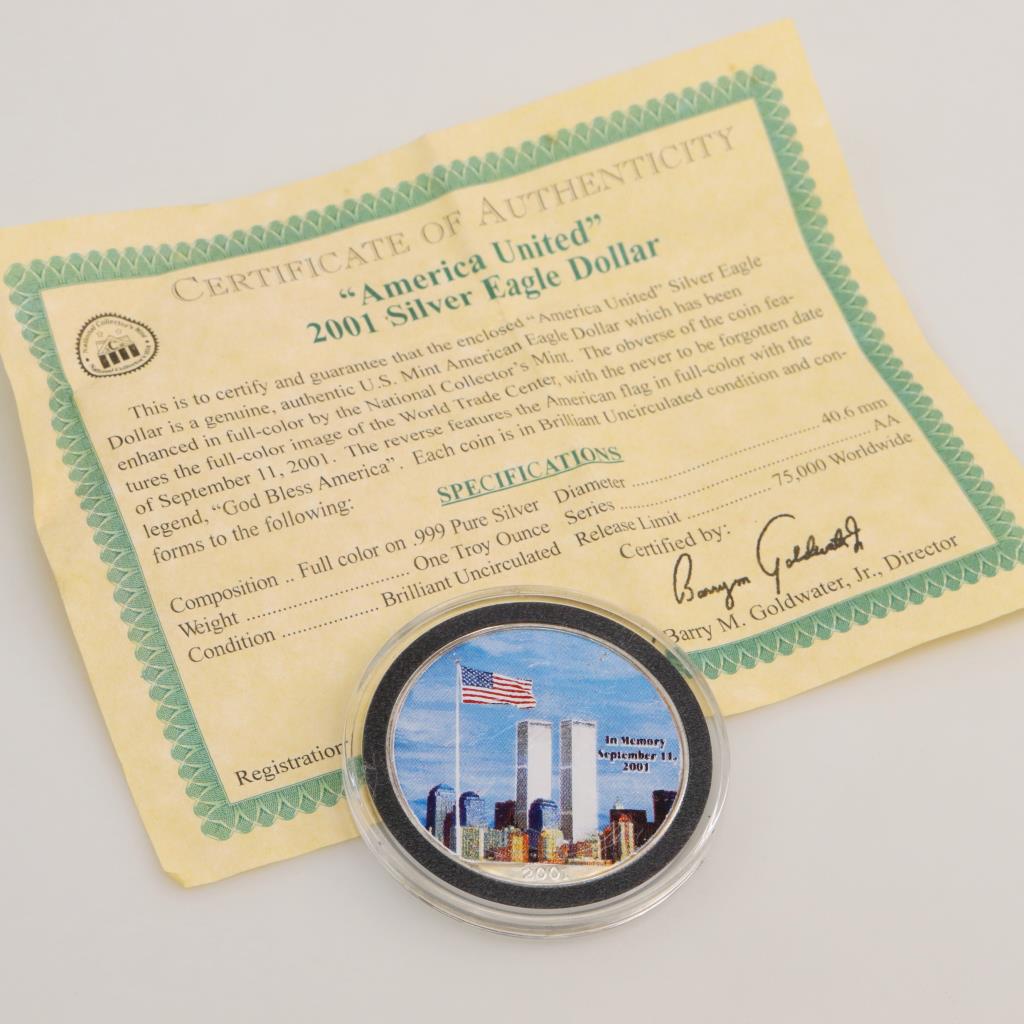 2001 American Silver Eagle Fine Silver Colorized Twin Towers With COA ...