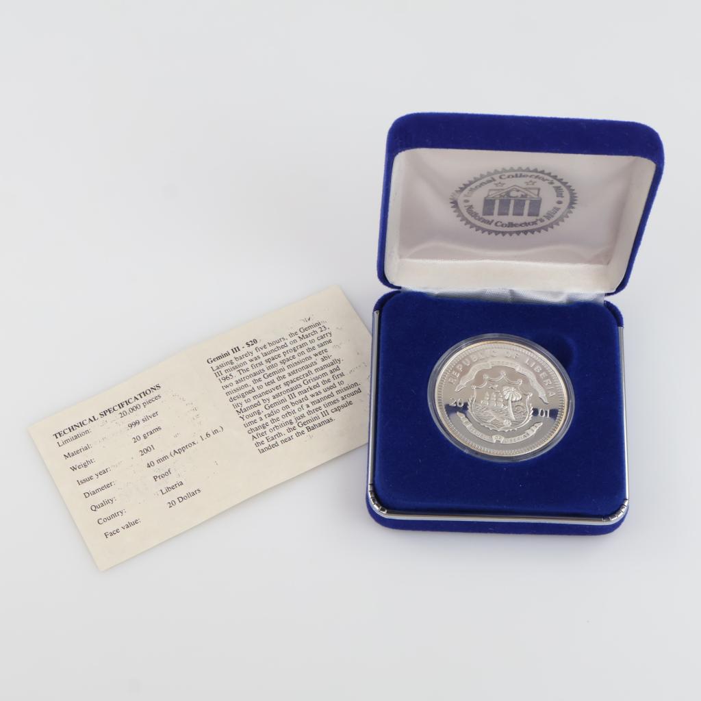2001 Fine Silver Proof American Mint $20 Mission Gemini III 20g Round W ...