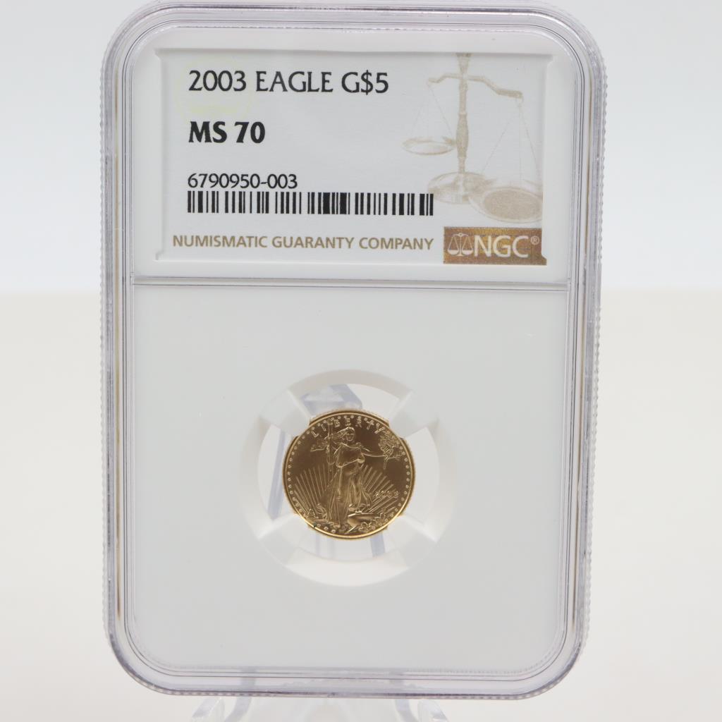 2003 MS70 American Gold Eagle 5 Dollar 1/10oz Fine Gold Coin NGC Graded ...