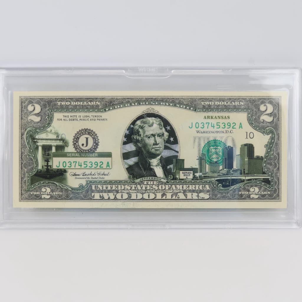 2003-A US Federal Reserve $2 Arkansas Banknote Overlay, UNC | Property Room