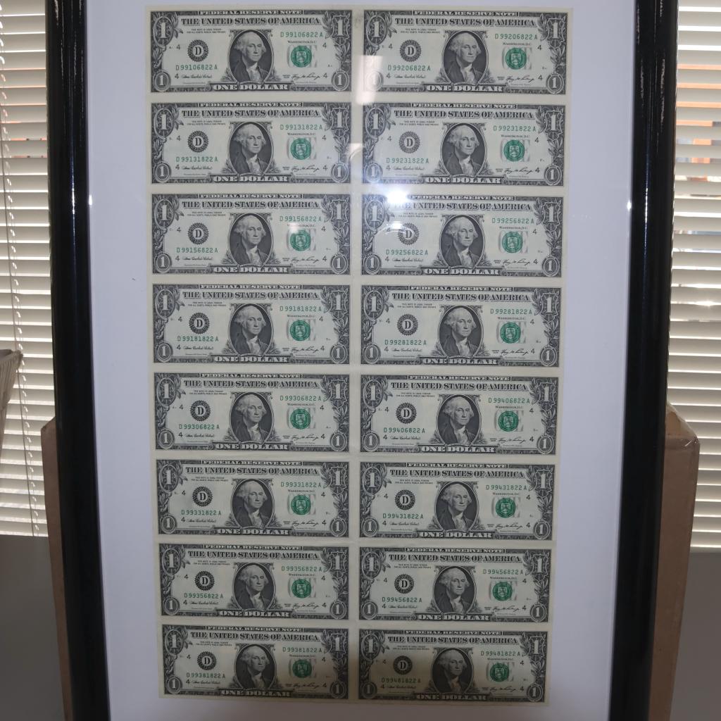 2006 $1 Federal Reserve Note UNCUT Sheet Of 16, In A Frame | Property Room