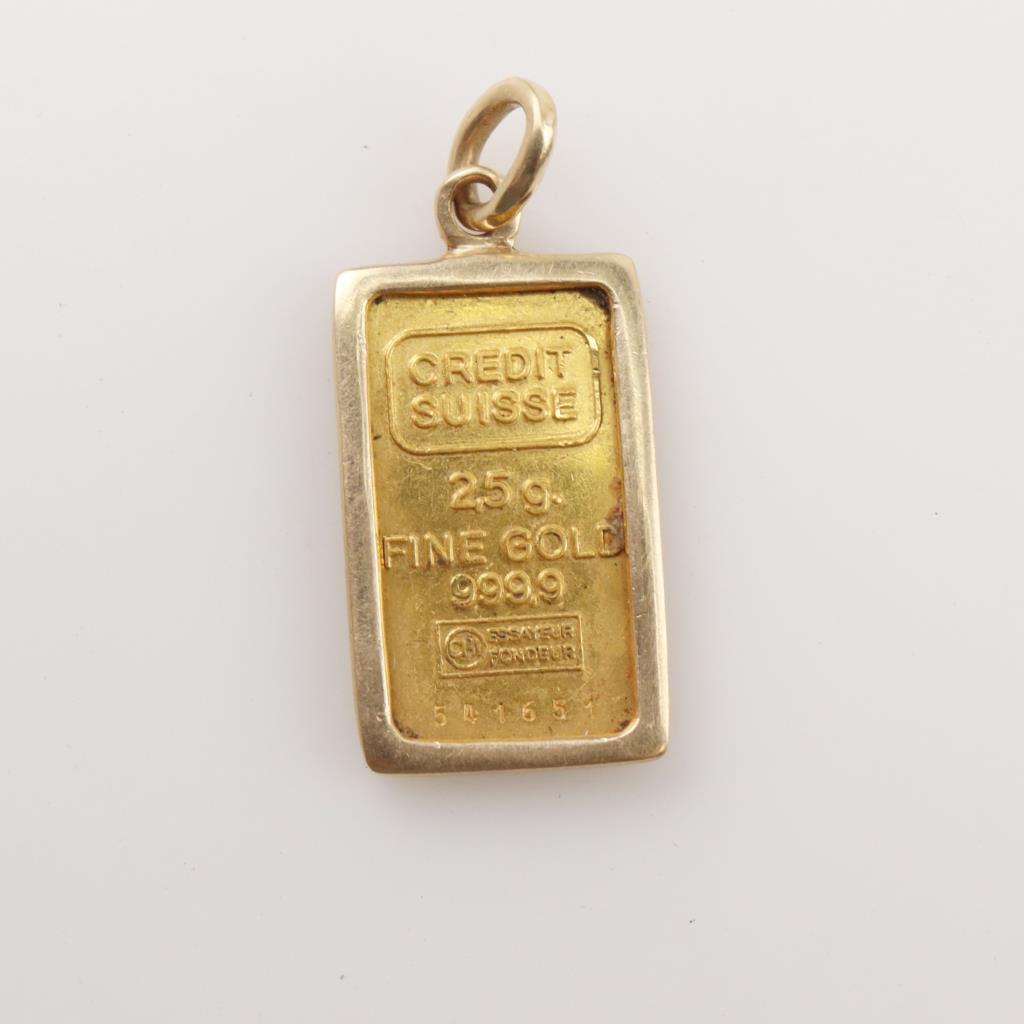 24kt Gold Credit Suisse 2.5g Bar in 14kt Gold Pendant | Property Room