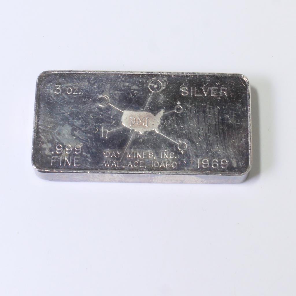 3oz. .999 Silver 1969 Day Mines Inc. Foster Silver Bar | Property Room