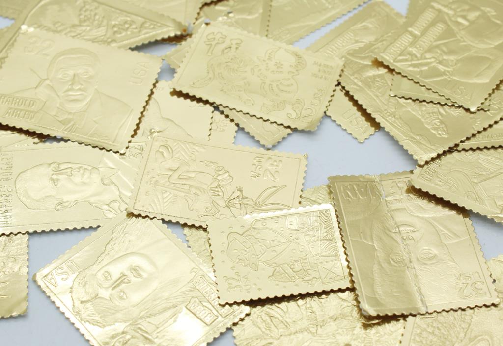 70 US Postage Stamps Layered In 22kt Gold | Property Room