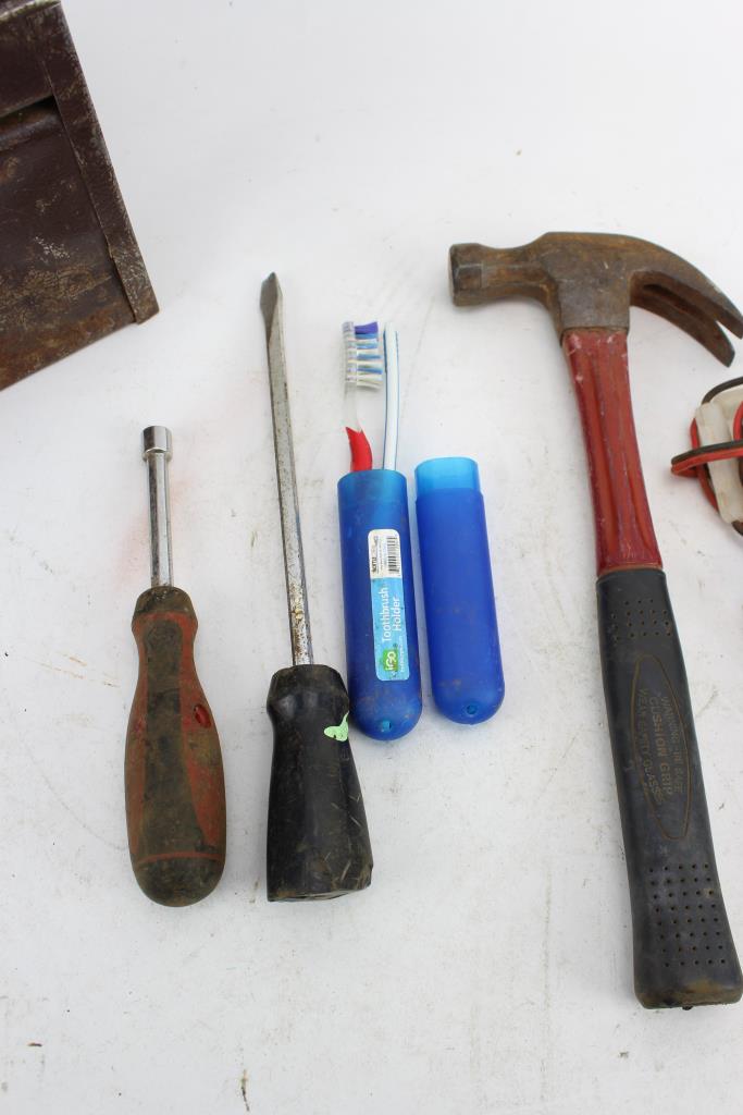 8+ Assorted Hand Tools & More In Brown Metal Tool Box | Property Room