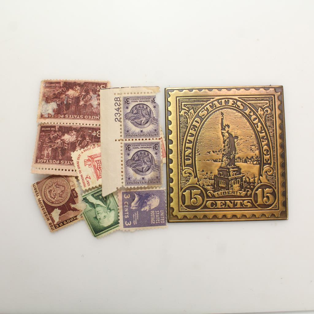 9 Postage Stamps And Brass Postage Stamp Plate | Property Room