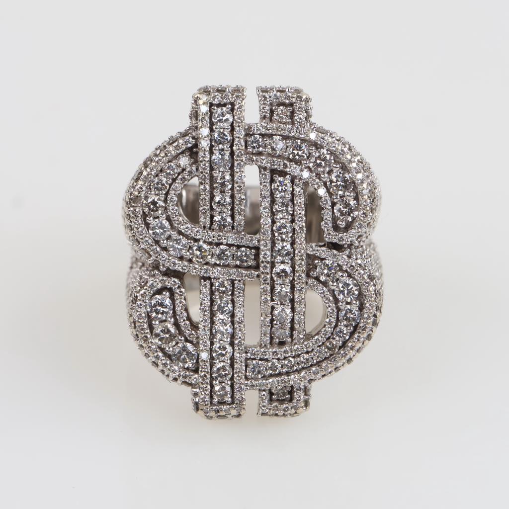 9.93cts TW Diamond 10kt White Gold Dollar Sign Ring-Evaluated By Our ...