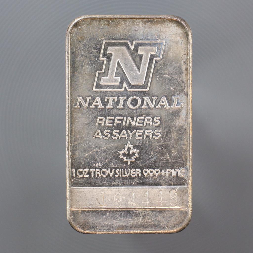 .999 Fine Silver National Refiners Assayer Bar 1 Troy Oz | Property Room