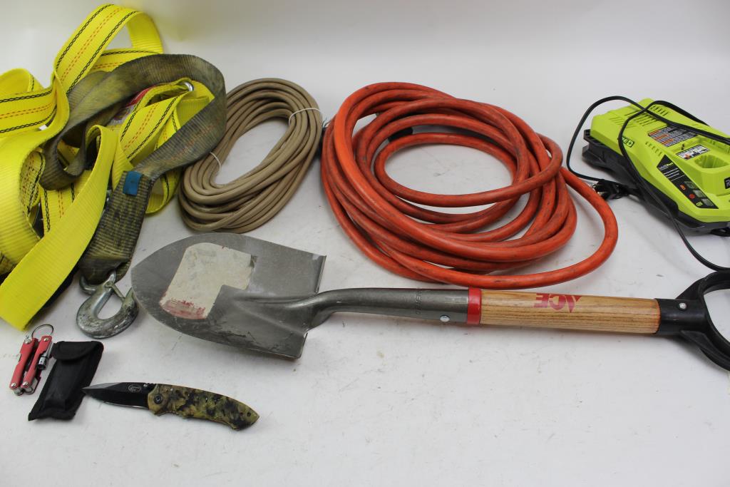 Ace Shovel, Ratchet Straps, Heavy Duty Power Extensions, Ryobi Charger ...