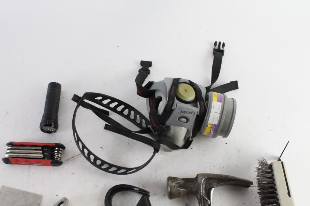 AO Safety Respirator Mask With Filter, Allen Keys, Claw Hammer, And ...