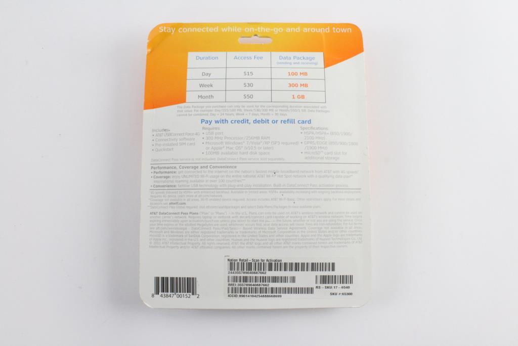 AT&T DAtaConnect Pass AT&T Prepaid Mobile Broadband | Property Room