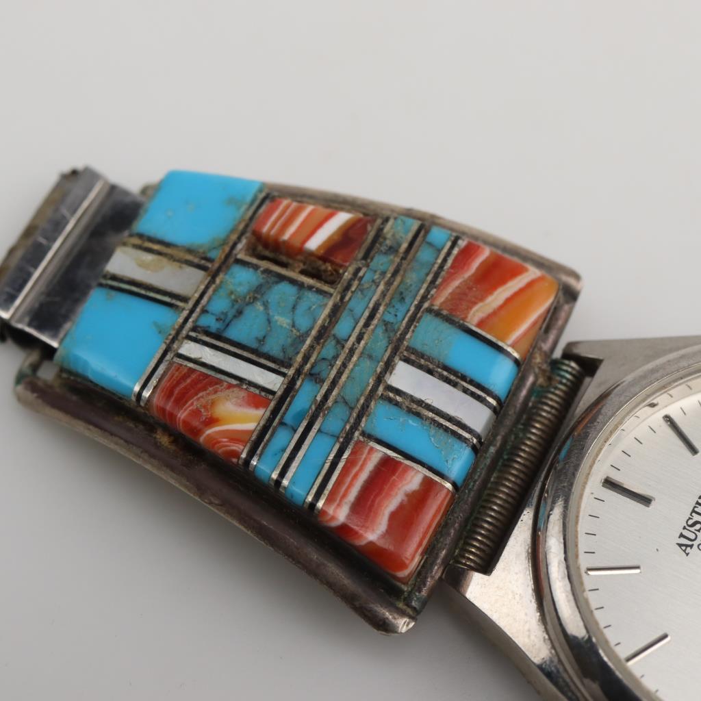 Austin Watch Co. Sterling Silver Turquoise And Rhodochrosite Inlayed ...