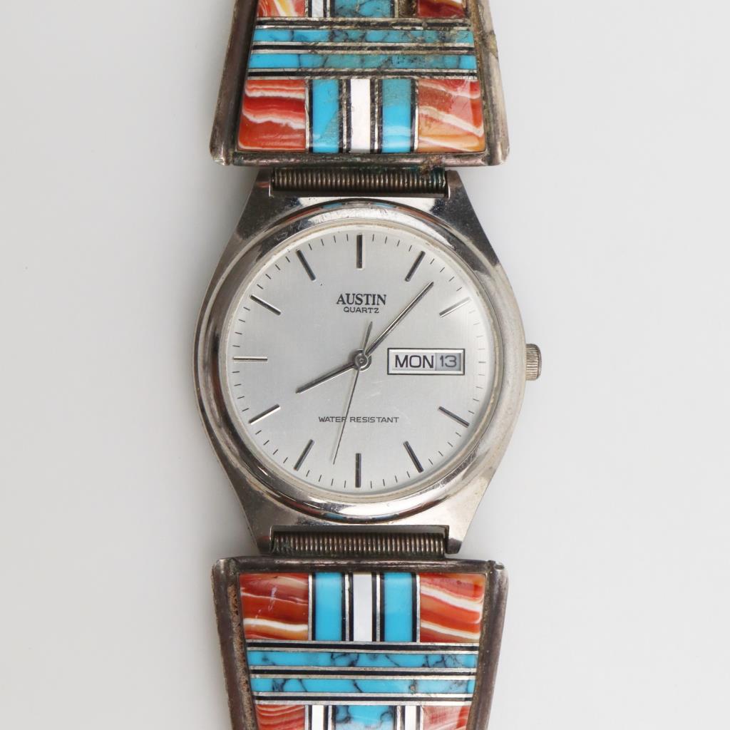 Austin Watch Co. Sterling Silver Turquoise And Rhodochrosite Inlayed ...
