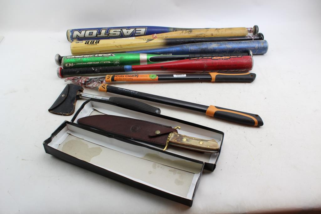 Baseball, Softball Bats, Axe, Bolt Cutter, And Knife: 9 Items ...