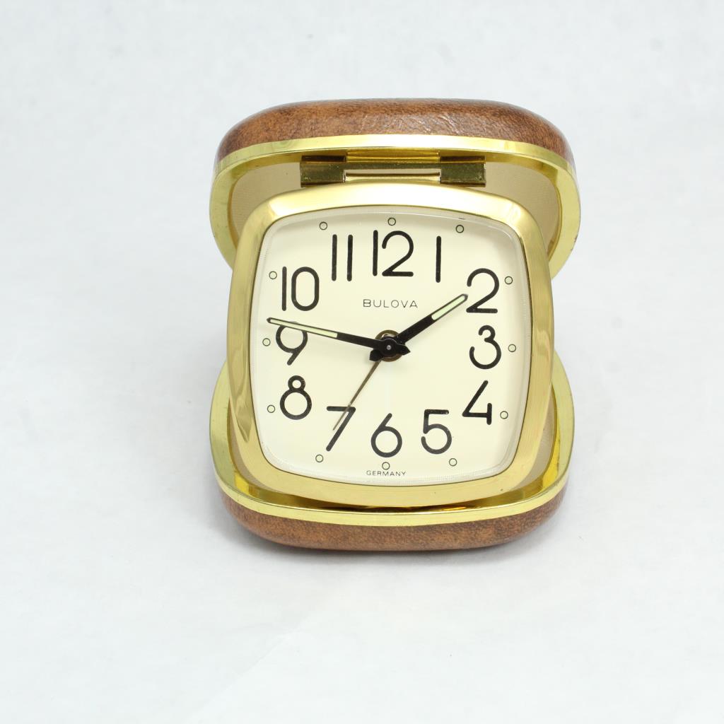 Bulova Travel Clock In Brown Leather Case | Property Room