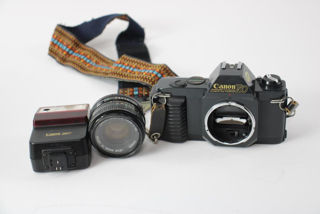 Canon T50 35mm Film SLR Camera, Body, 50mm FD 1:1.8 Lens, Speedlite 244T Flash | Property Room