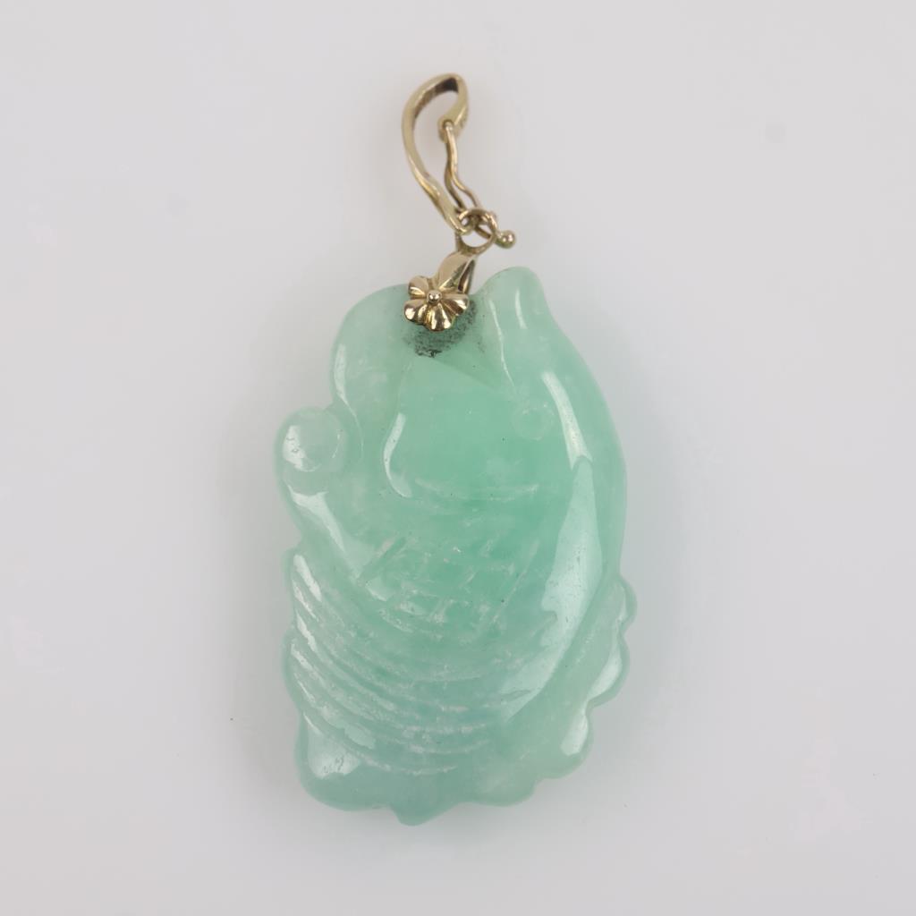 Carved Jade Fish pendant 14kt Gold Bail | Property Room