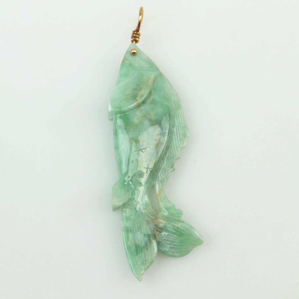 Carved Jadeite Fish 14kt Gold Accent Pendant | Property Room