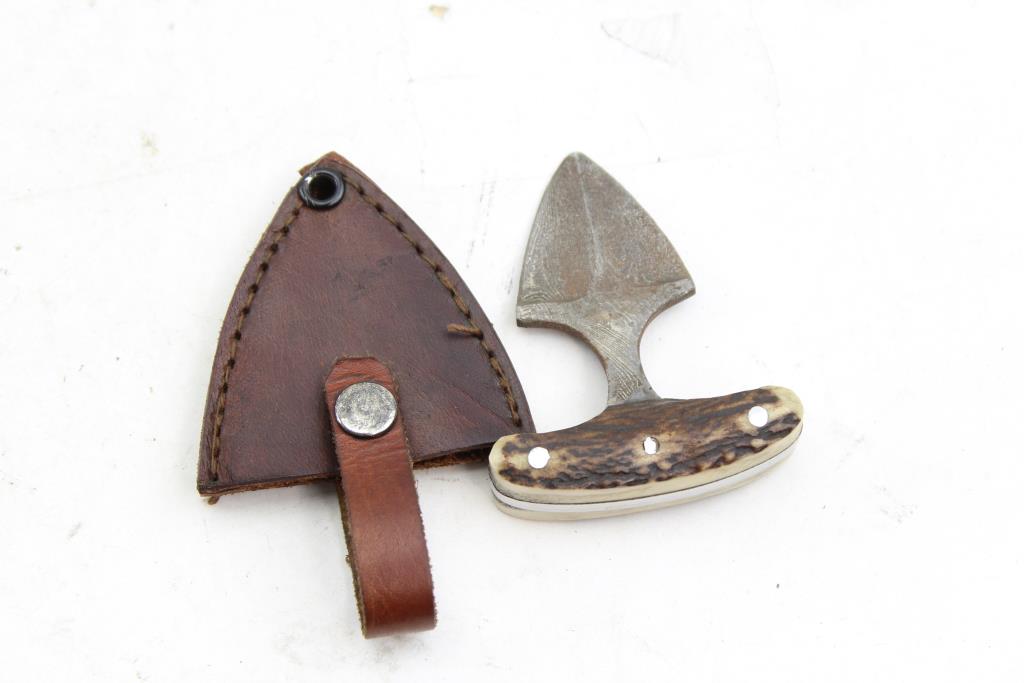 Damascus Watch Pocket Push Dagger with Stag Handle and Leather Sheath ...