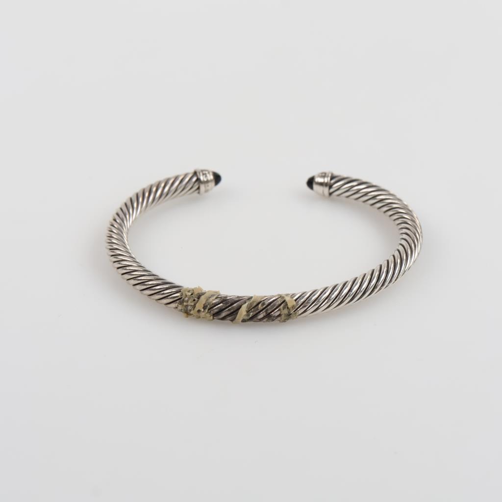 David Yurman Silver Cable Onyx Diamond Accent Cuff Bracelet | Property Room