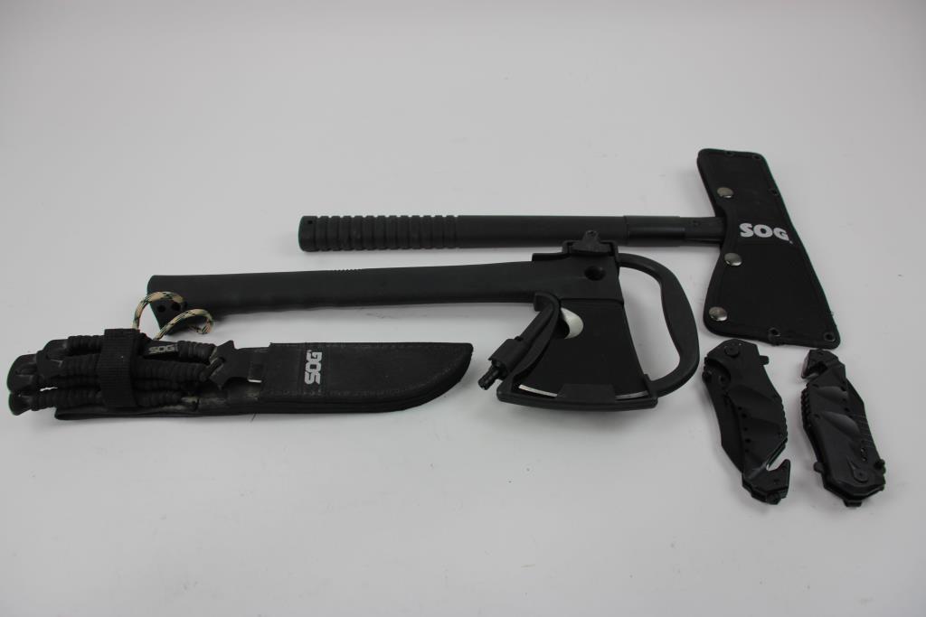 EvaTac ET-RKBLK, SOG Trio Knives In Sheath, SOG Axe, And More, 6 Pieces ...