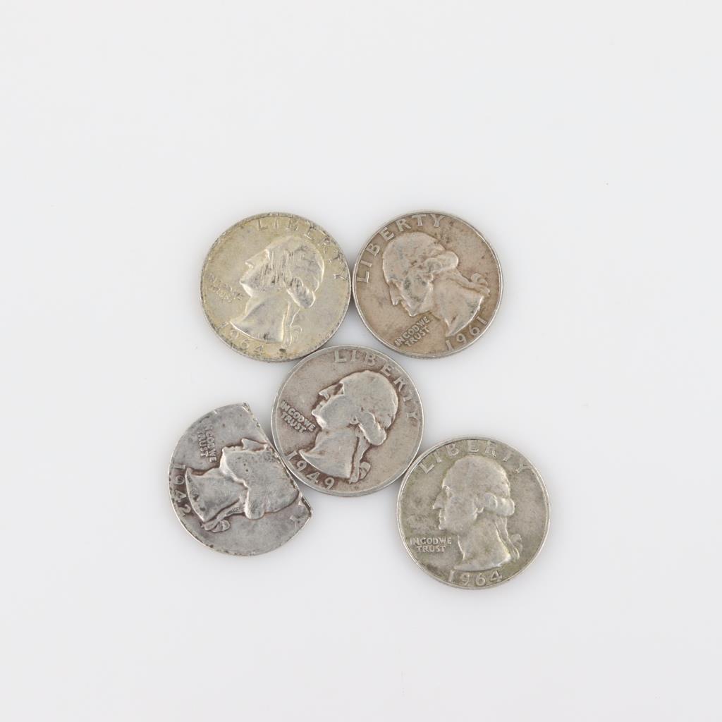 Five US Silver Washington Quarters | Property Room