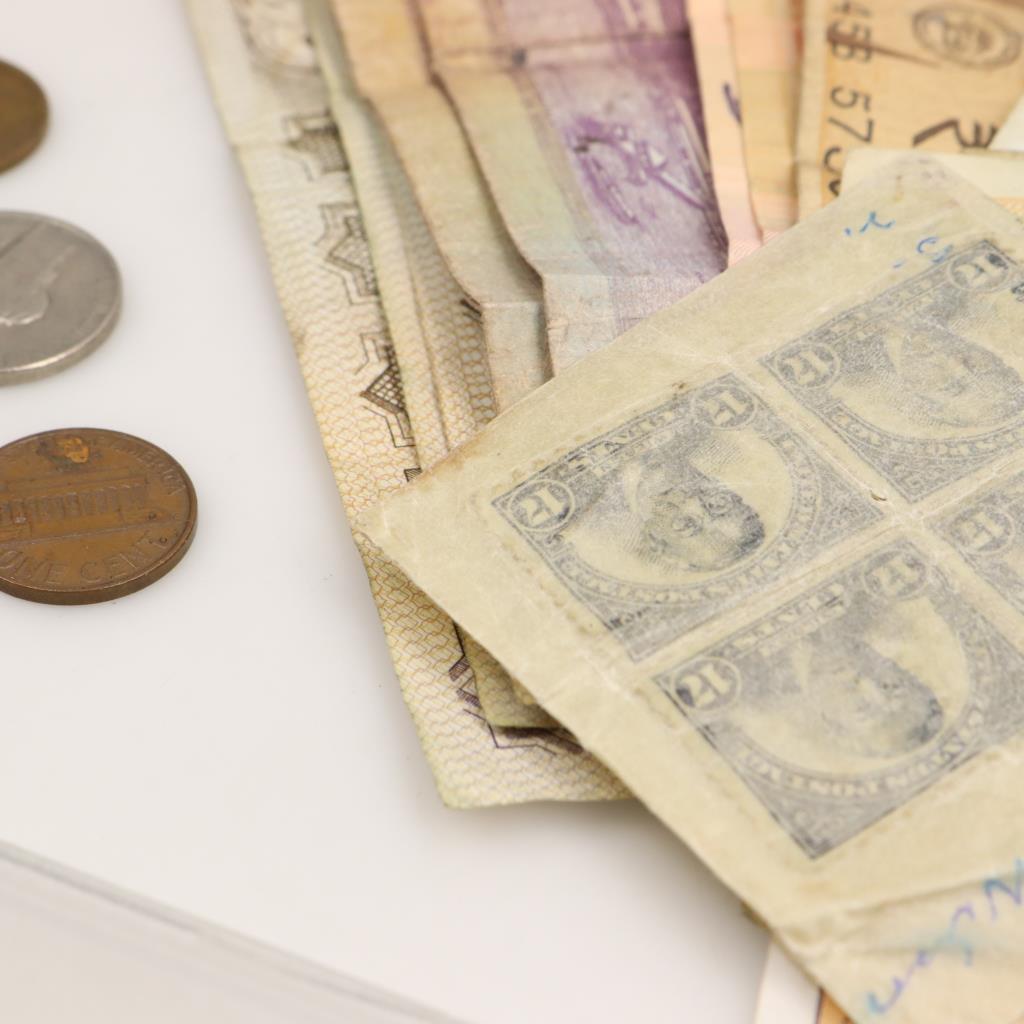 Foreign And US Currency With Stamps, 26+ Pieces | Property Room