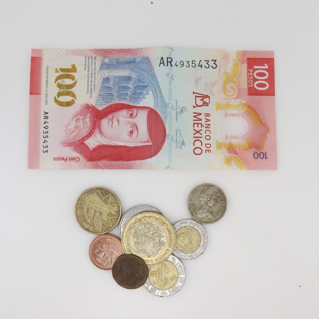 Foreign Coins And 100 Mexican Pesos; 9 Pieces | Property Room