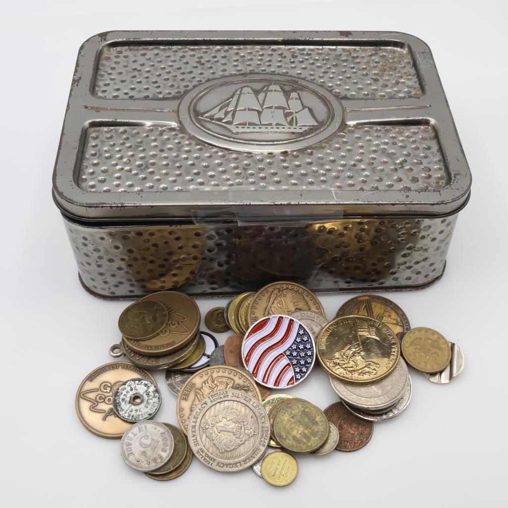 Foreign Currency And Tokens With Vintage Metal Tin Case | Property Room