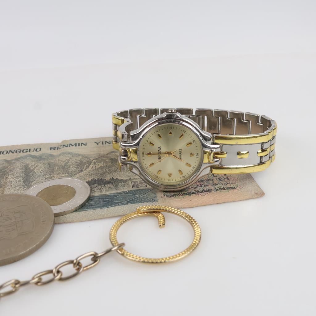 Geneva Two-Tone Watch And Foreign Currency; 5+ Pieces | Property Room