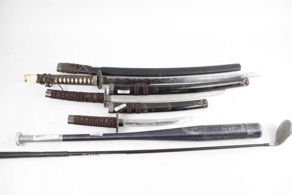 Golf Club, Baseball Bat, And Swords. 5 Pieces | Property Room