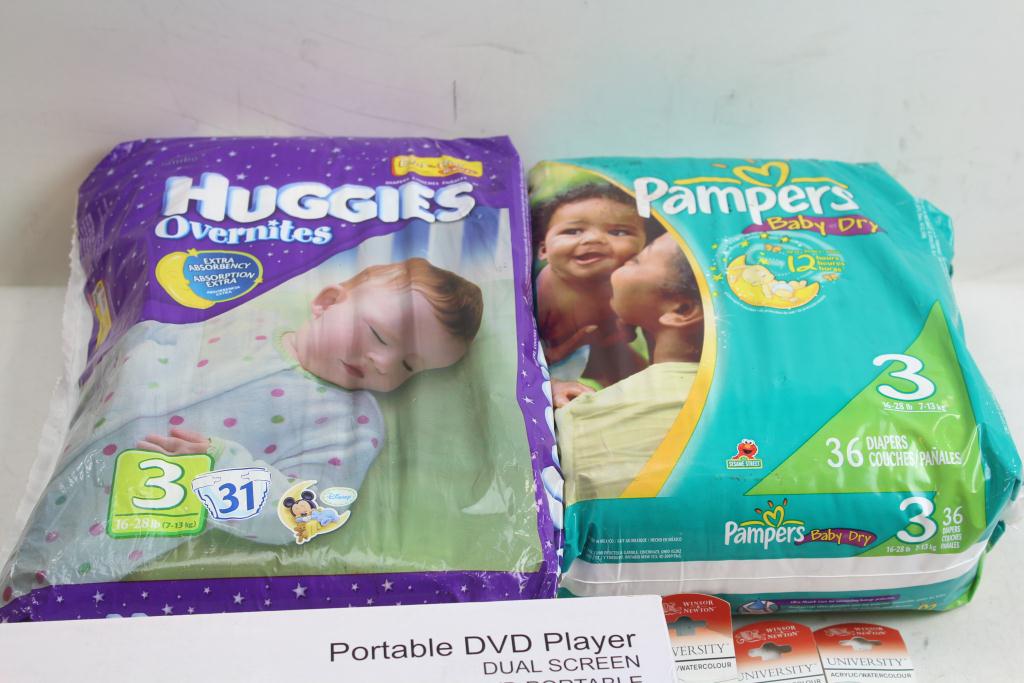 Huggies Diapers, Sylvania Portable DVD Player, & Paint Brushes; 6 ...