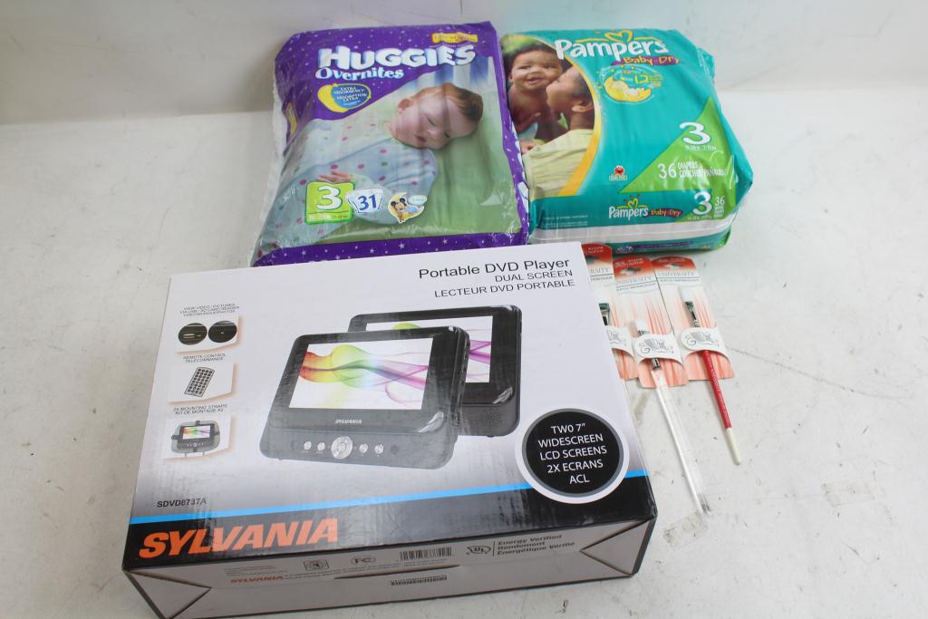Huggies Diapers, Sylvania Portable DVD Player, & Paint Brushes; 6 ...