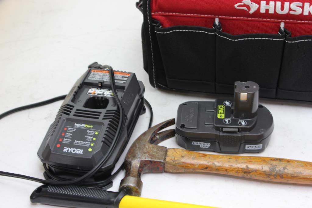 Husky Tool Bag With Stanley 18" Bolt Cutter, Ryobi 18V Battery Pack Amd ...