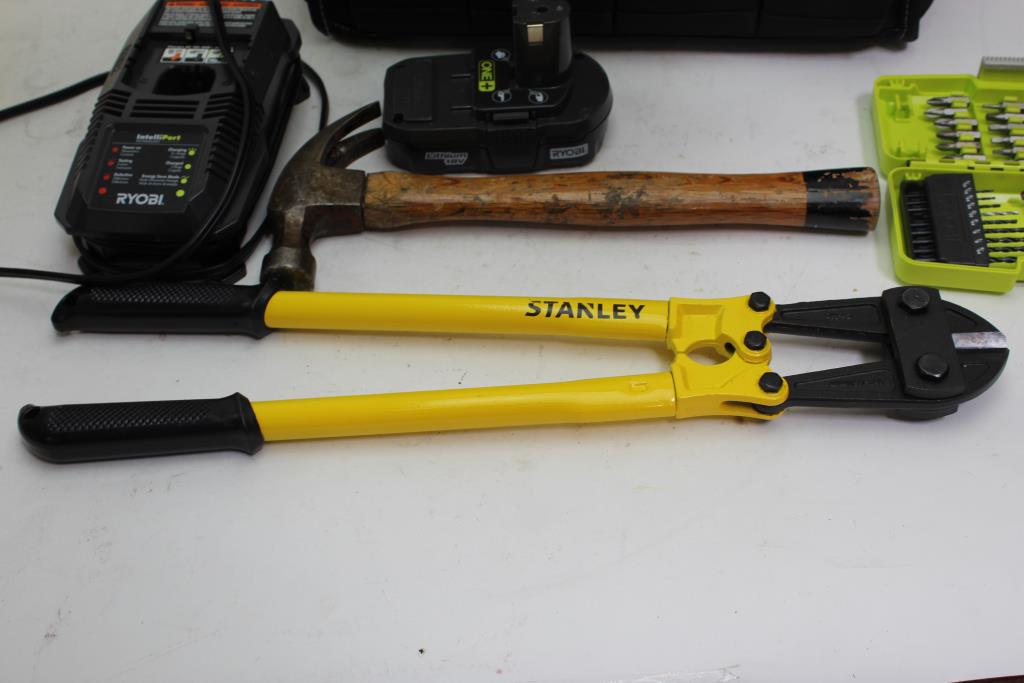 Husky Tool Bag With Stanley 18" Bolt Cutter, Ryobi 18V Battery Pack Amd ...
