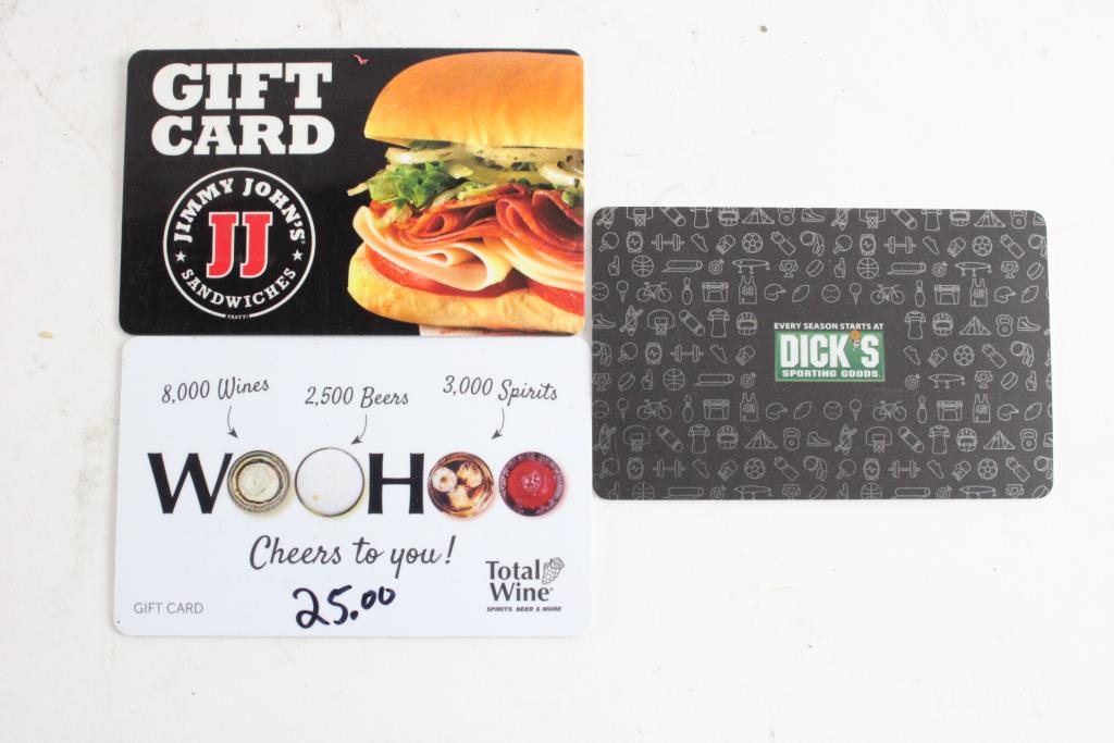 Jimmy John's, Total Wine & Dick's Gift Cards, 3 Pieces | Property Room